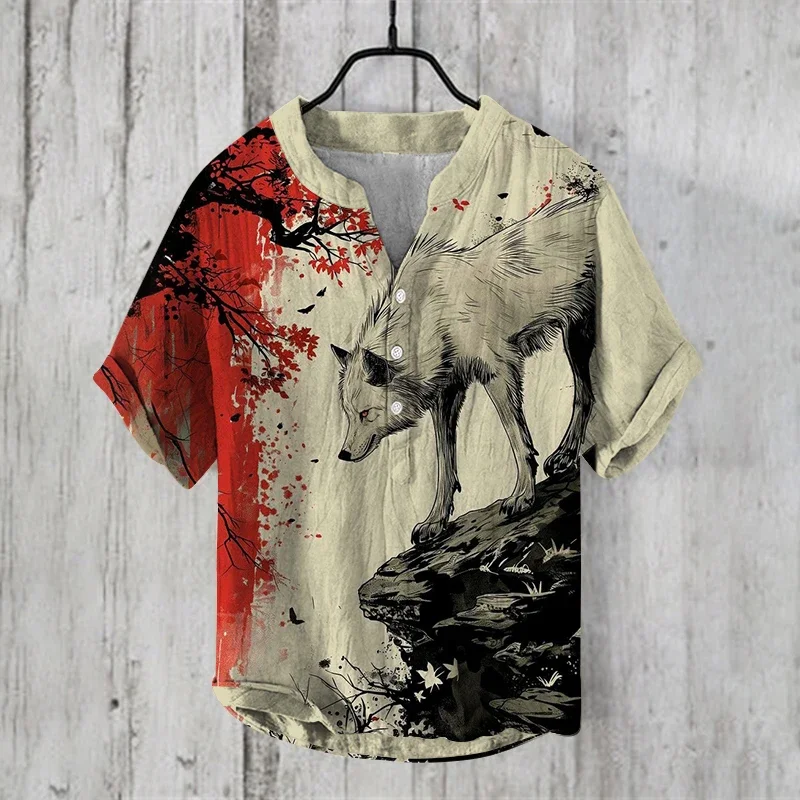 Summer Fashion Retro Men's The Wolf Print V-Neck Henley Shirt Men's Ink ...