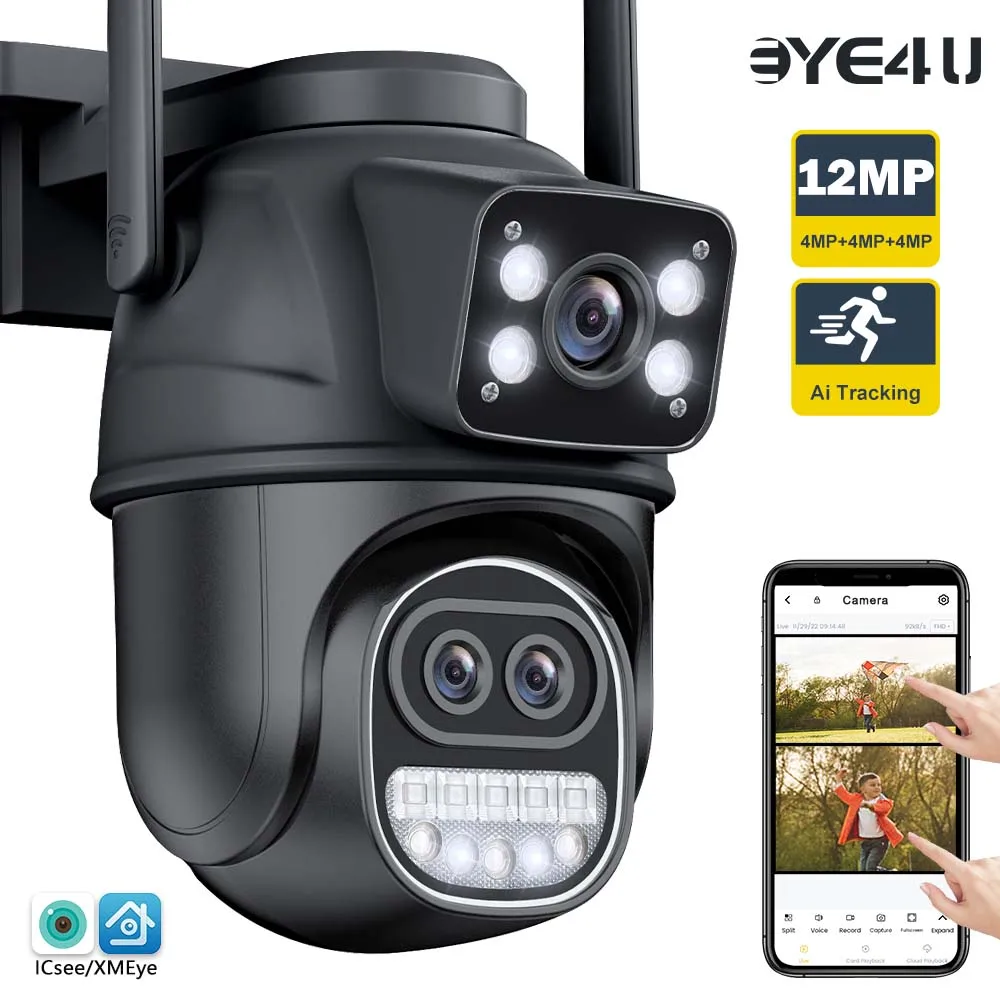 6K 12MP WIFI IP Camera Outdoor 8X Zoom Three Lens Dual Screens PTZ ...