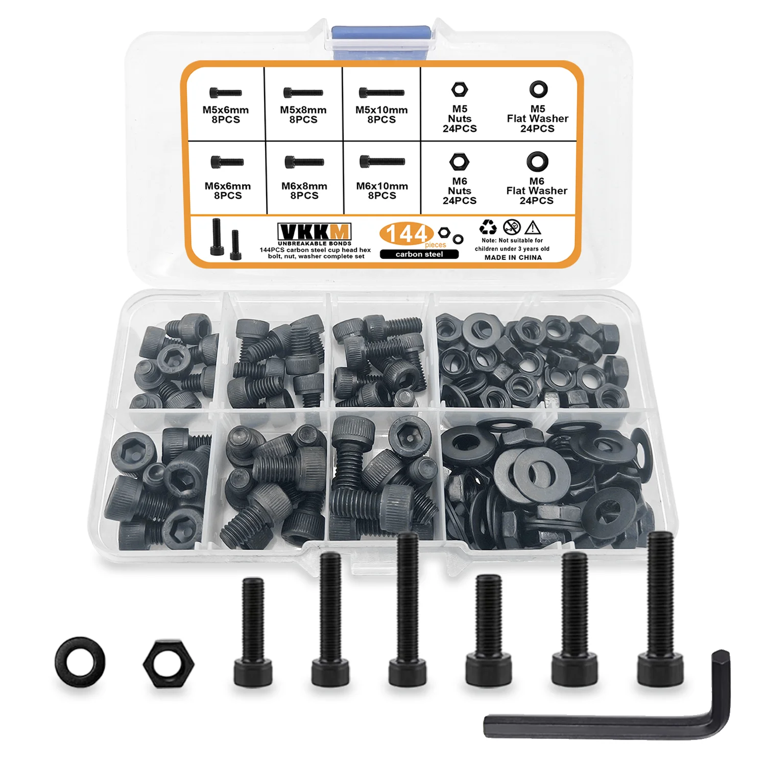 144Pcs-Black-Cylindrical-Head-Screws-M5-To-M6-Hexagon-Head-Bolt-Nut ...