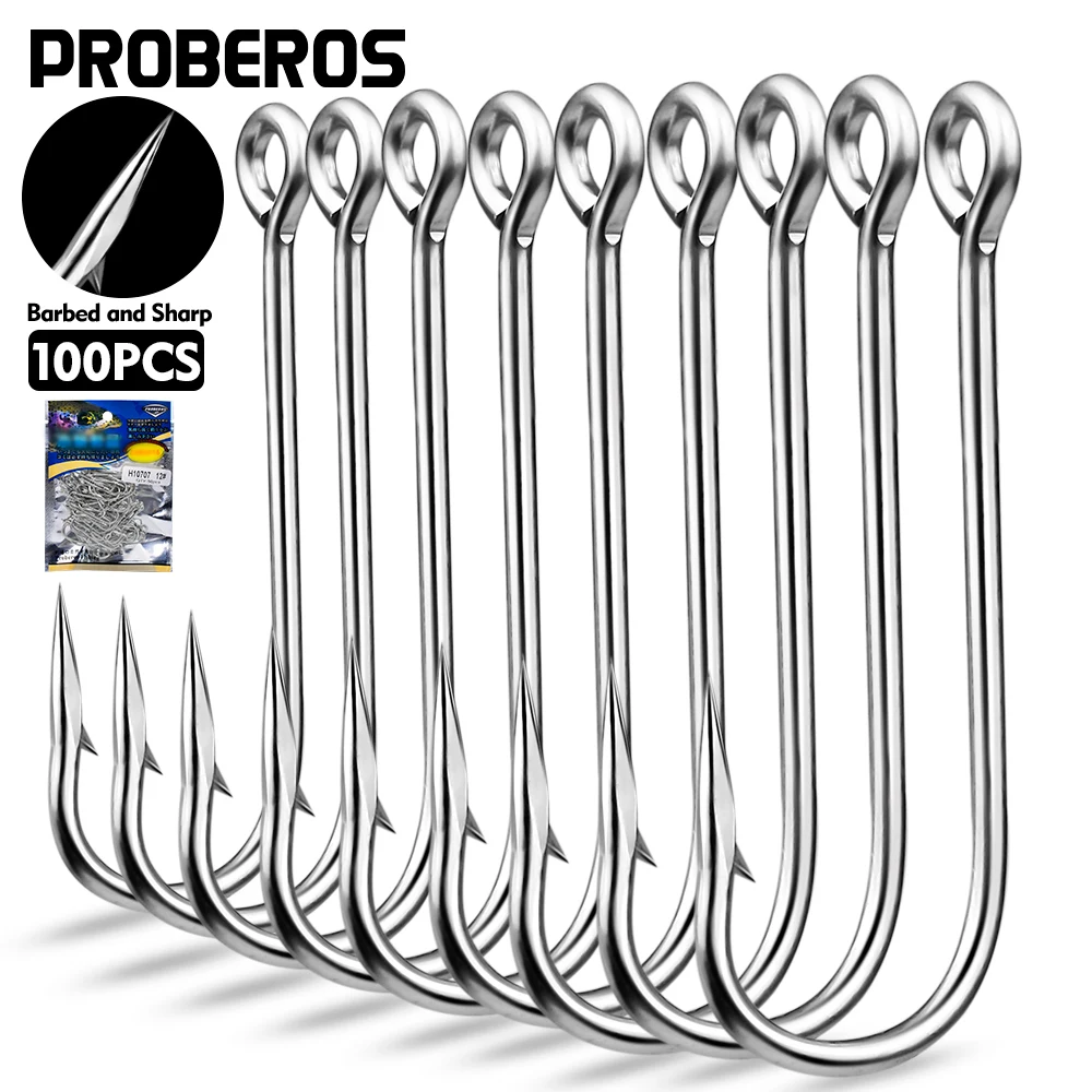 PROBEROS-100Pcs-High-carbon-Steel-Barbed-Single-Hook-10-20-Ring-Eye ...