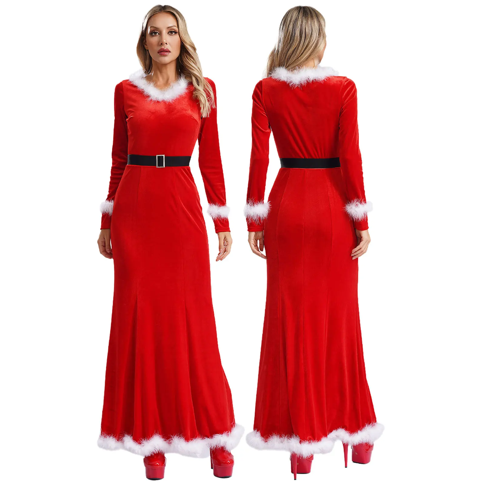 Women Santa Claus Costume Christmas Fancy Party Dress Long Sleeve Dress ...