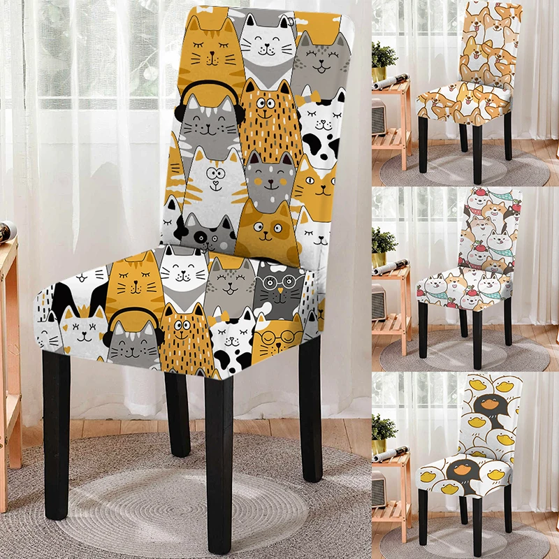 Elastic-Dining-Chair-Cover-Animal-Cat-Dog-Print-Chair-Slipcover-Seat ...