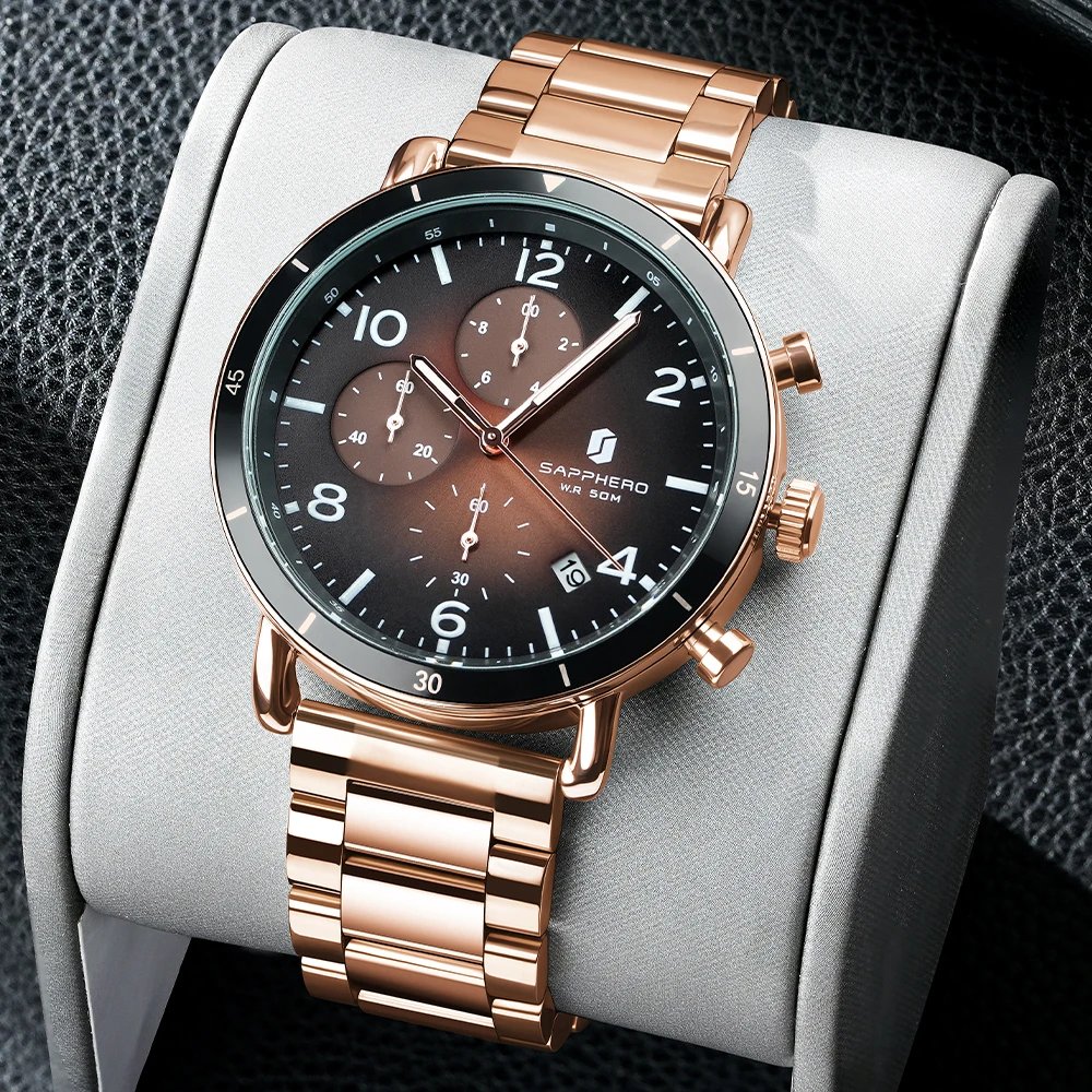SAPPHERO-Reloj-de-oro-rosa-para-hombre-cron-grafo-de-cuarzo-reloj-de ...