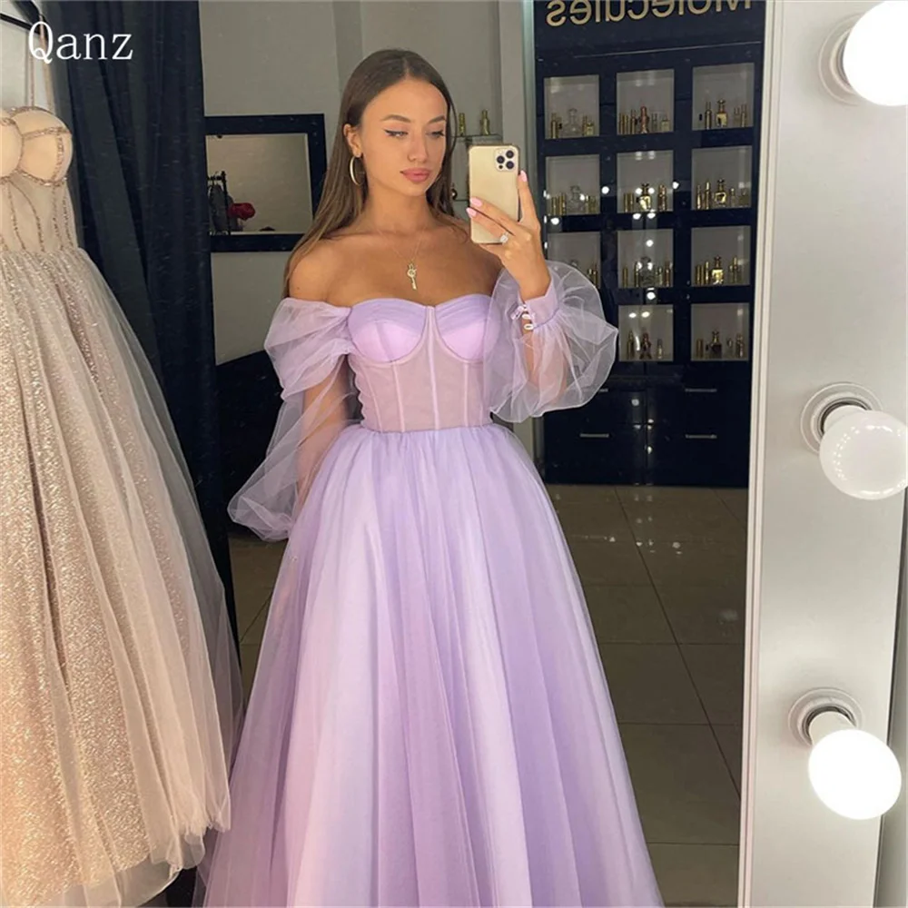 Qanz-Elegant-Tulle-Prom-Dresses-Sweetheart-Puff-Sleeves-Long-A-Line ...