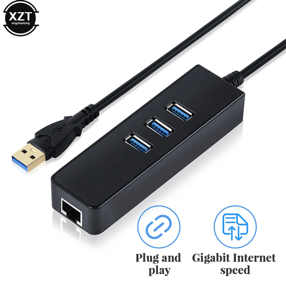 3 Ports USB Hub 10/100/1000 Mbps USB 3.0 To RJ45 Gigabit Ethernet LAN ...
