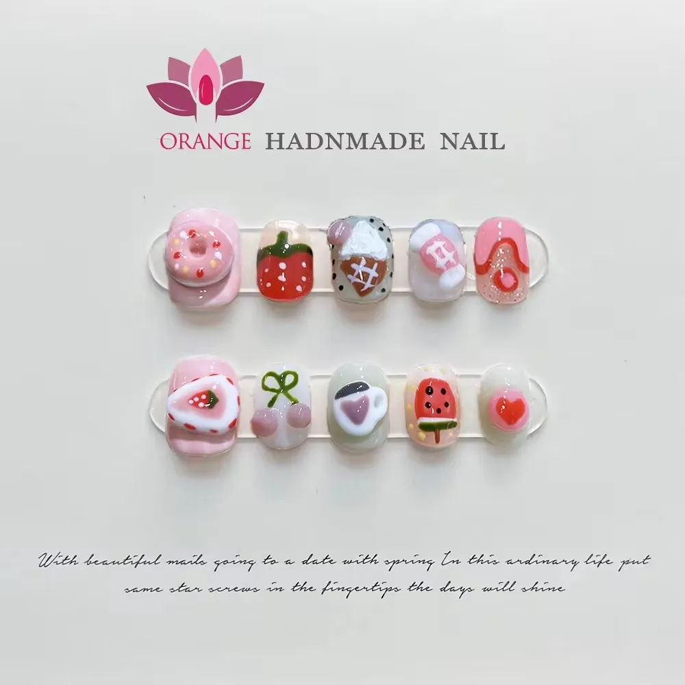 Handmade-Japan-Red-Nail-Set-Press-On-Acrylic-With-Design-Cute-Pattern ...