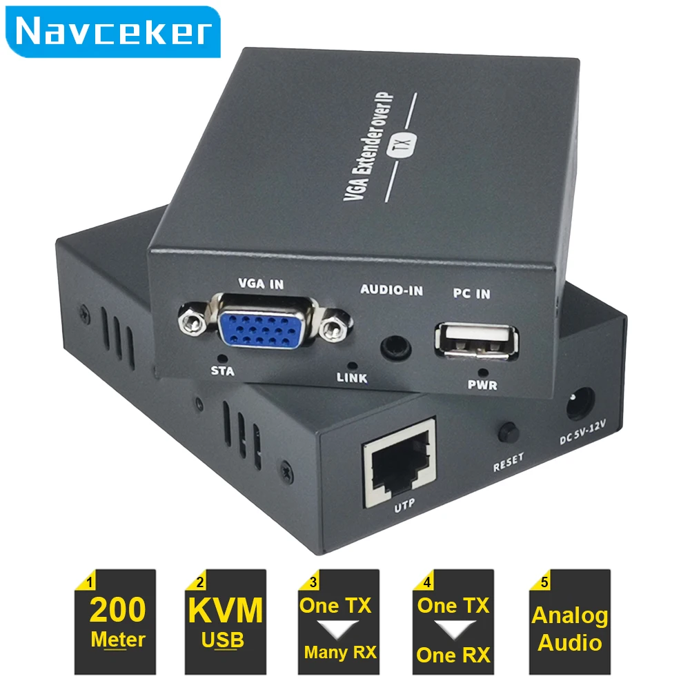 Navceker 200m IP Network VGA KVM Extender RJ45 VGA Extender USB Over ...