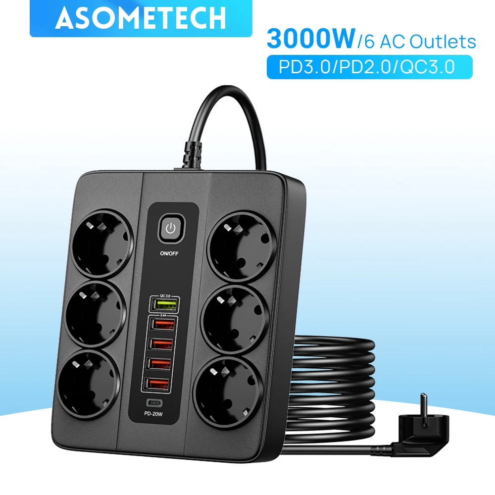 3000W-6-AC-Outlets-Power-Strip-6-USB-Charging-Station-Extension-Cord-2M ...