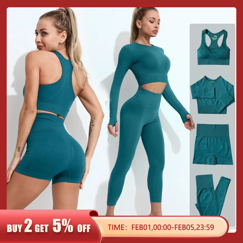 2PCS-Seamless-Women-Yoga-Set-Workout-Sportswear-Gym-Clothes-Fitness-Long-Sleeve-Crop-Top-High ...