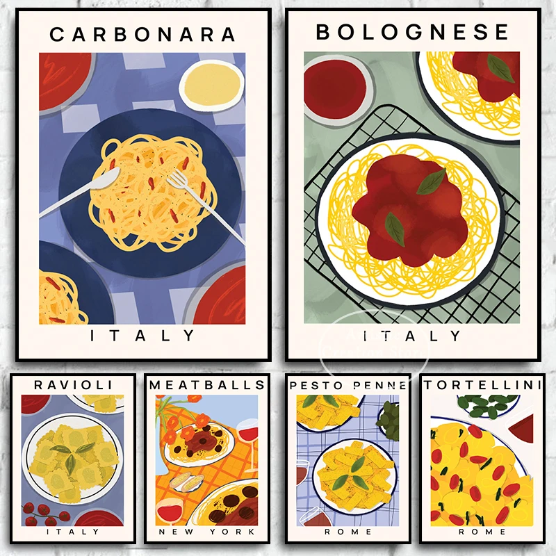 P-ster-de-Pasta-con-ilustraci-n-de-comida-lienzo-impreso-de-Linguine ...