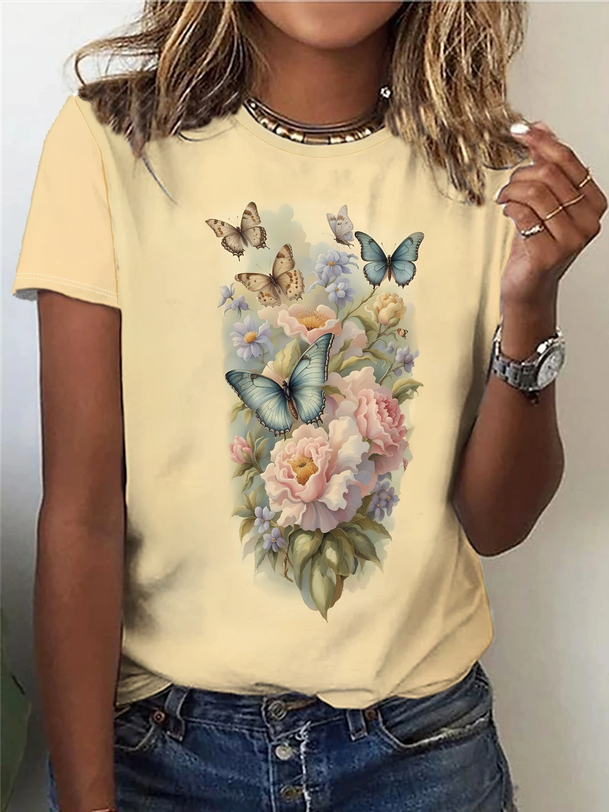 Camiseta-con-estampado-de-mariposa-para-mujer-Top-informal-de-manga ...