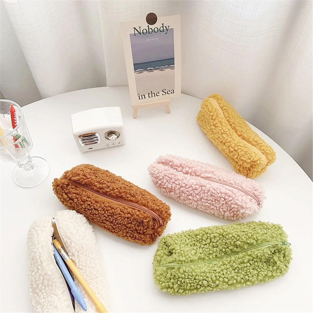 Cute Soft Color Fluffy Pencil Bag Plush Pencil Case Cosmetics Pouch Pen ...