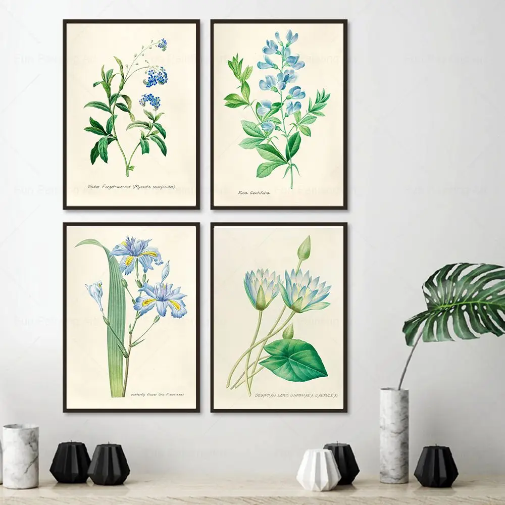 Blue-Botanical-Flower-Wall-Art-Prints-Vintage-Myosotis-Rosa-Iris-Lotus ...