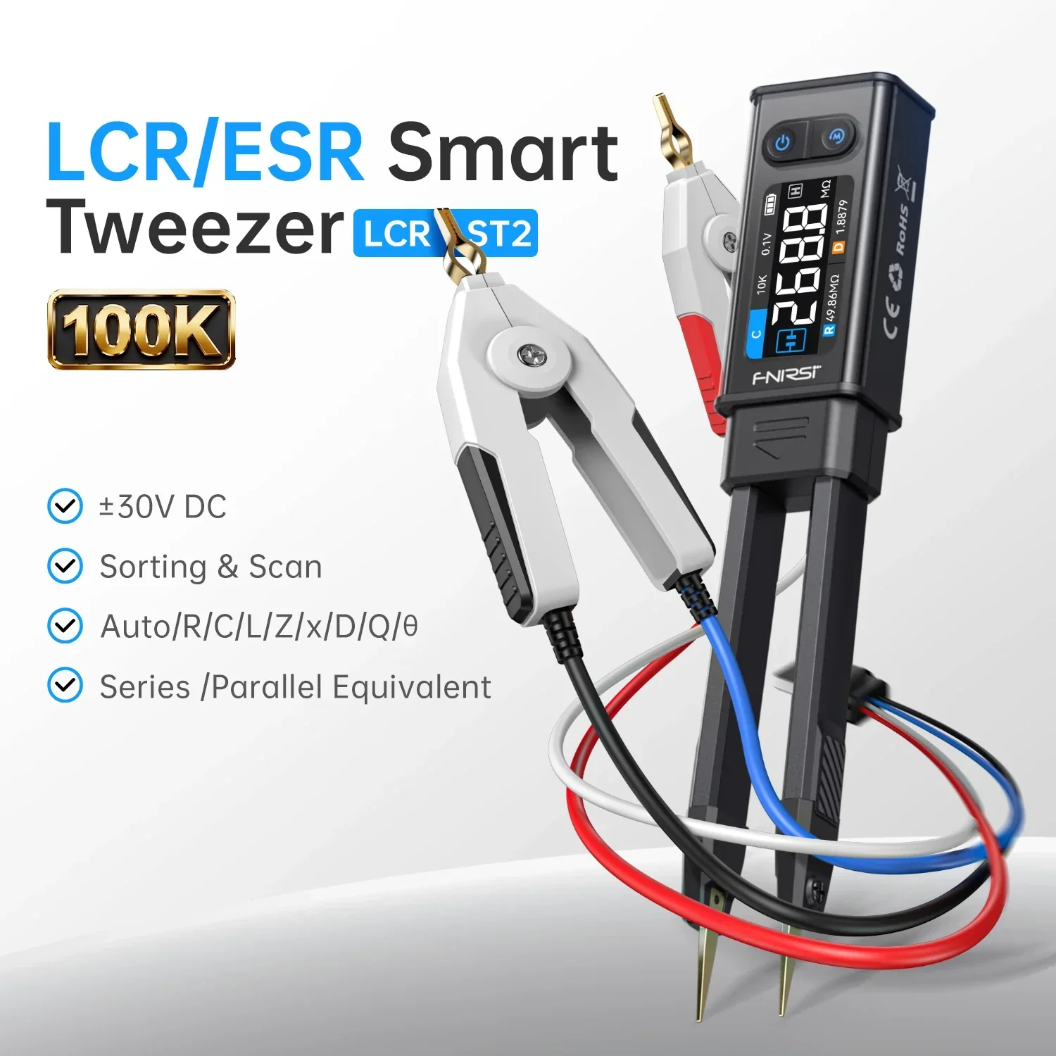 FNIRSI LCR-ST2 100K LCR ESR Meter 2-in-1 Digital Tweezers Bridge,SMD ...