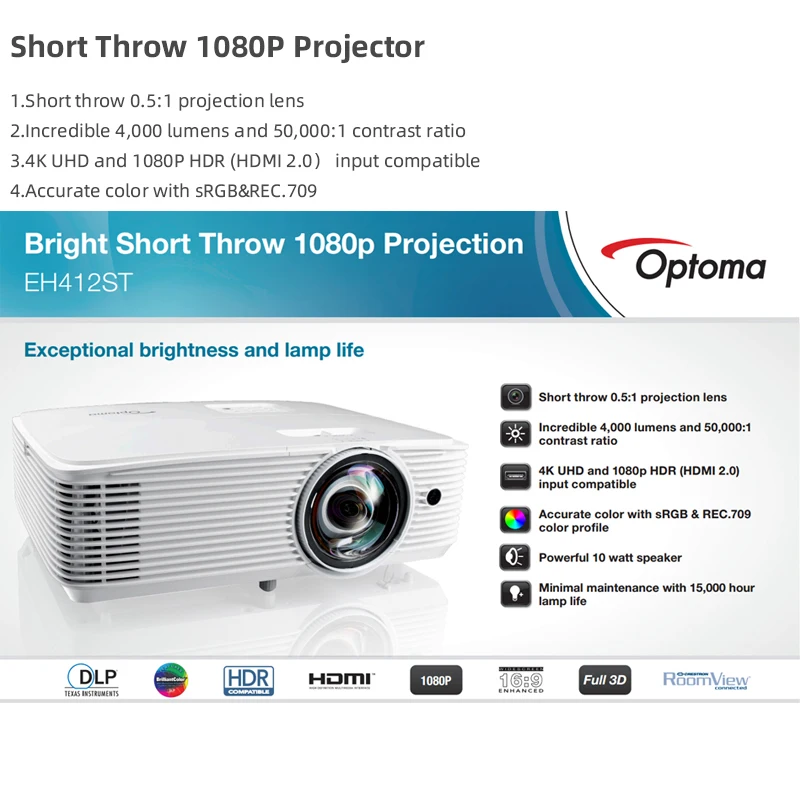 Optoma EH412ST Projetor Full HD de curta distância 1080P 4000 Lumens ...
