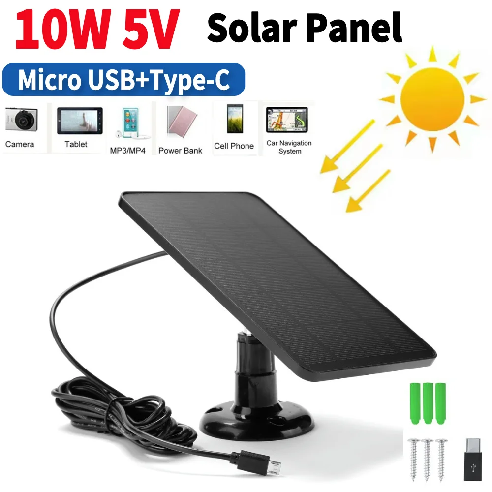 10W 5V Solar Panel 2 in 1 Micro USB & Type-C Port for Security Camera ...