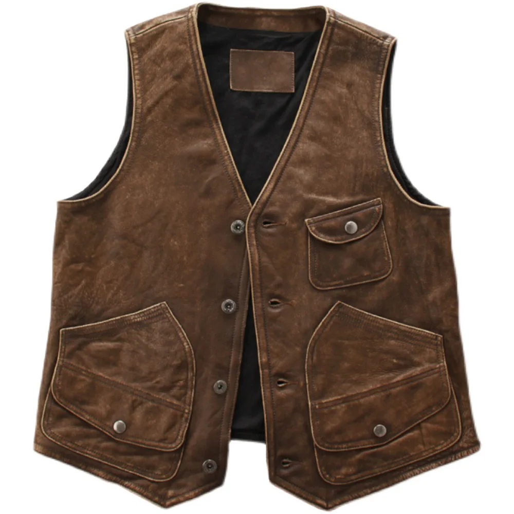 Leather Work Mens Genuine Vest Coat Khaki Vest For Man Summer Waistcoat ...