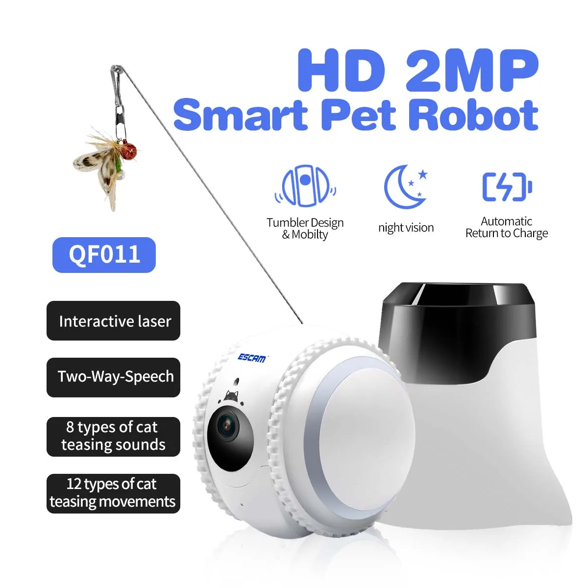 ESCAM QF011 2MP Smart Pet Robot IP Camera Battery Night Vision Tumbler ...