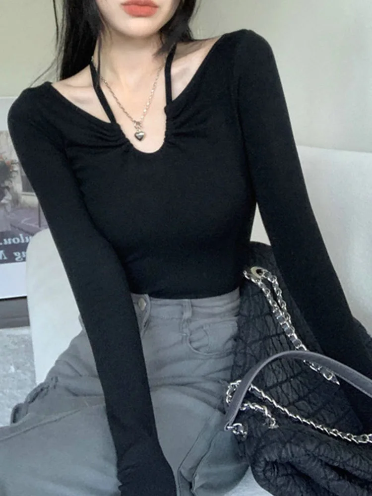 Autumn-Korean-Fashion-Y2K-T-shirt-Woman-Japanese-halter-Bandage-V-neck ...