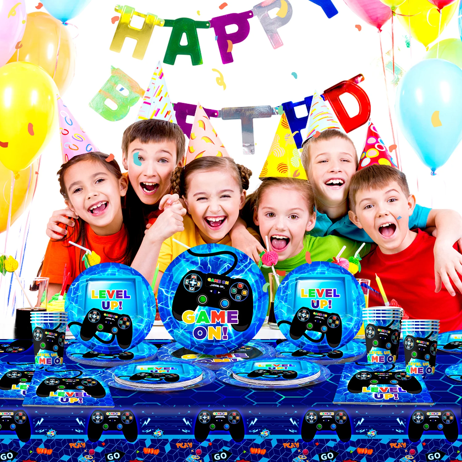 65 Pcs Blue Gaming Party Tableware-Video Game Tablecloth Plates Cups ...