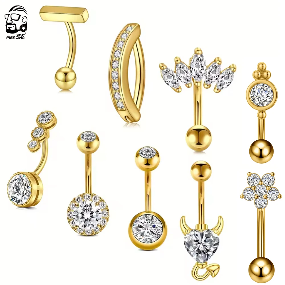 1 Piece Golden Zircon Reversed Bar Flower Belly Button Ring 1.6*10mm ...