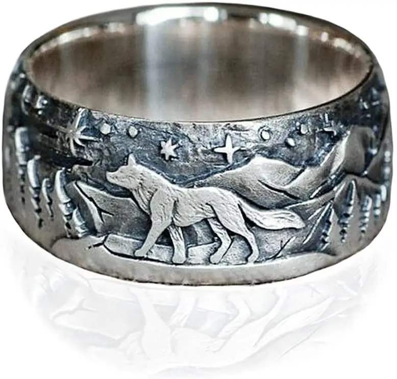 Engraved Wolf Ring for Men Women Norse Viking Wolf Ring - Drems Mart