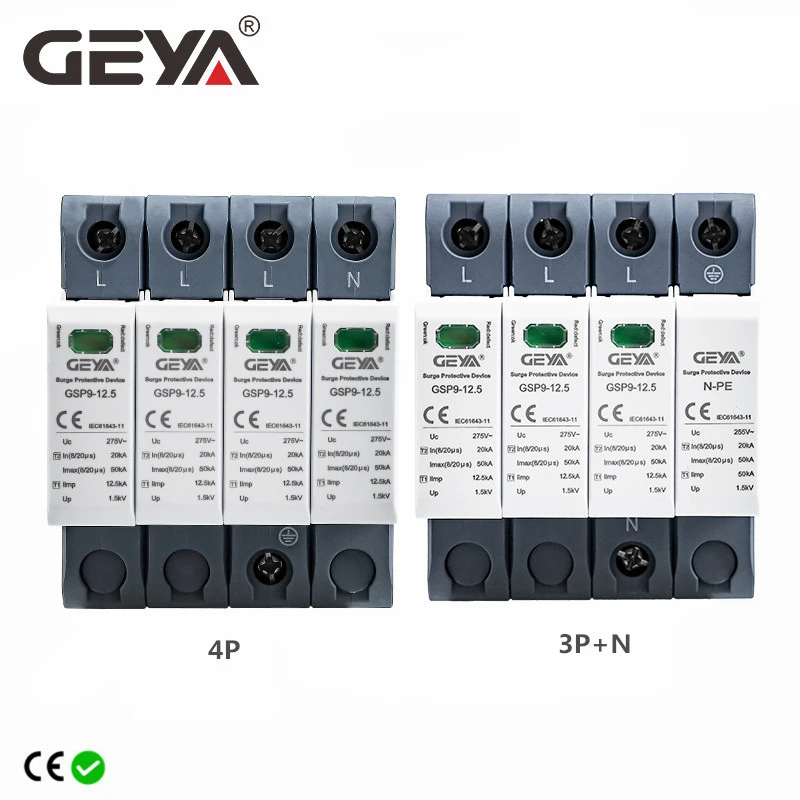 GEYA GSP9 12.5KA T1 + T2 SPD 4P 3P + N Protector contra sobretensiones 275VAC Limp:7/12.5KA ...