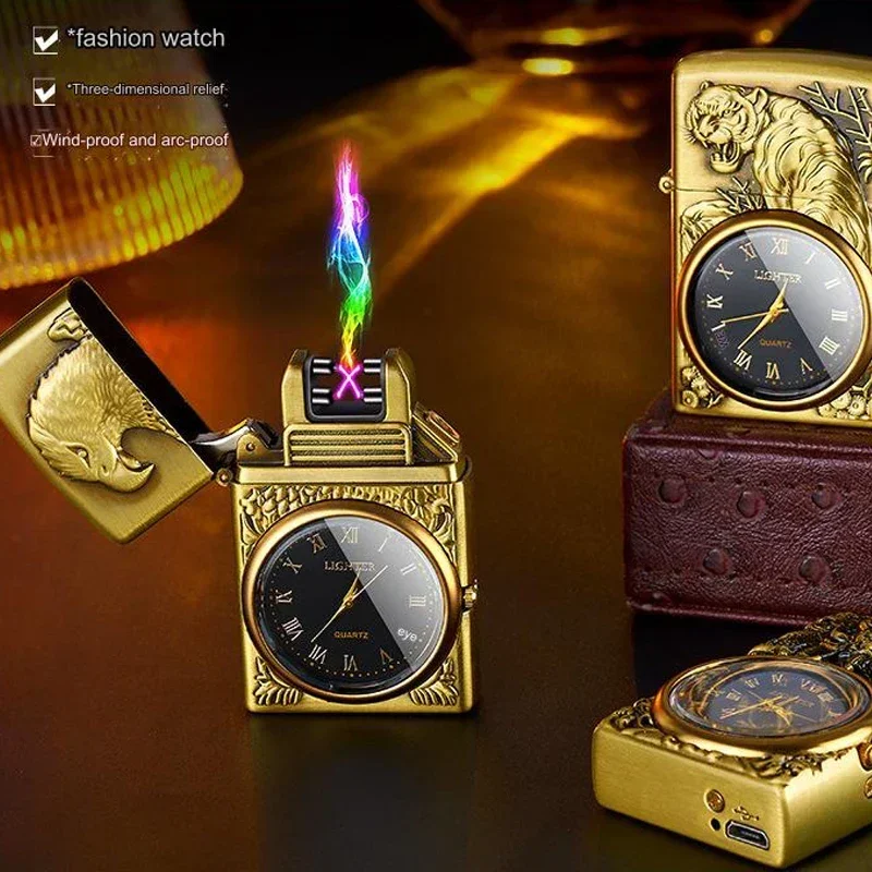 Metal-Windproof-Lighter-Embossed-Electronic-Watch-Dual-Arc-Rechargeable ...