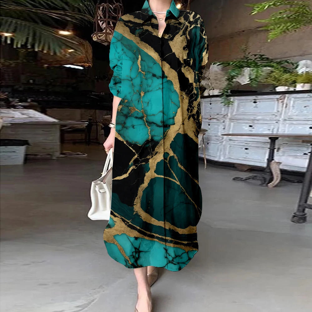 2024-Fashion-Women-s-Lapel-A-Line-Printed-Dresses-Long-Sleeve-Single ...