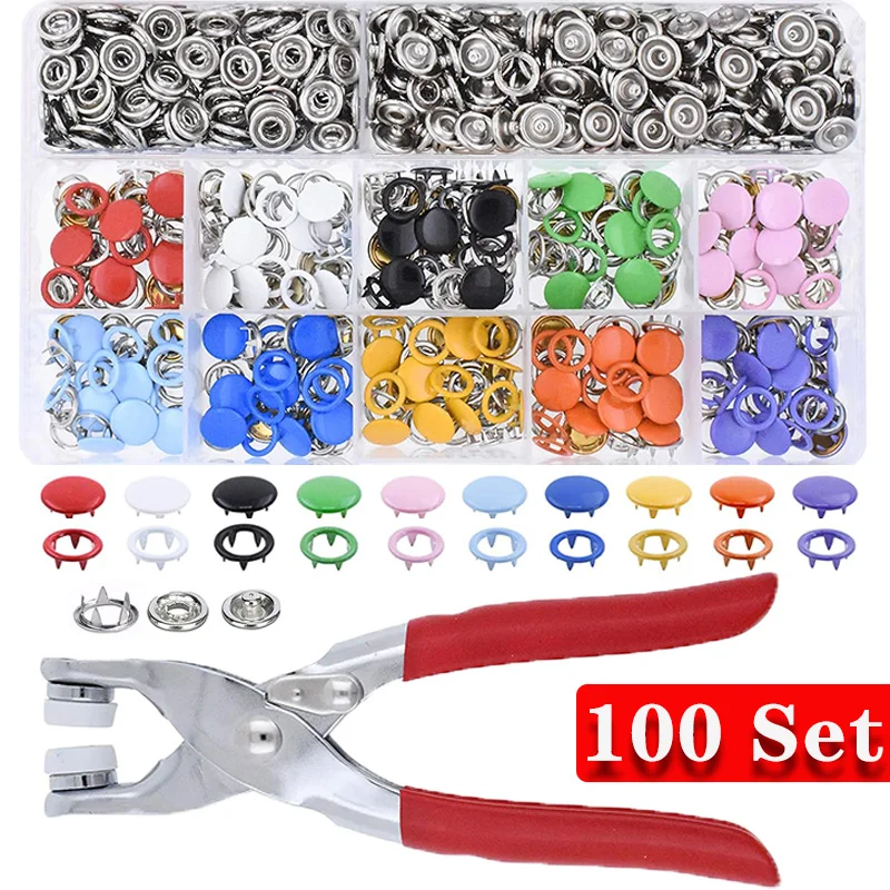 100-Sets-9-5mm-Snap-Fasteners-Tool-Kit-Hollow-and-Solid-Metal-Prong ...