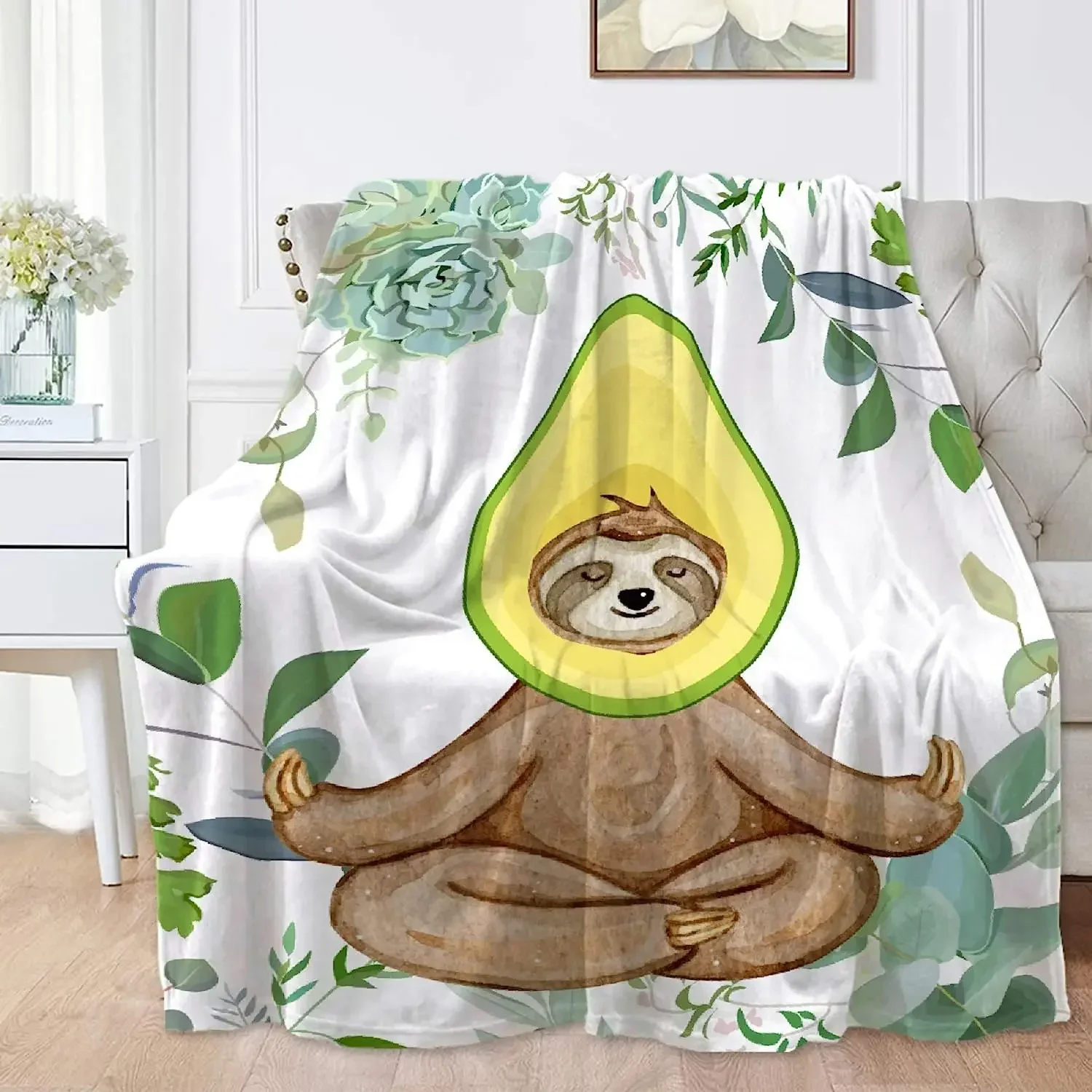 Meditating-Sloth-Wearing-Avocado-Headgear-Soft-Blanket-for-Couch-Bed ...
