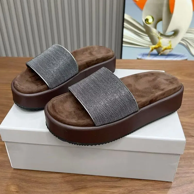 Thick Bottom String Bead Suede Slippers Women Open Toe Platform Casual ...