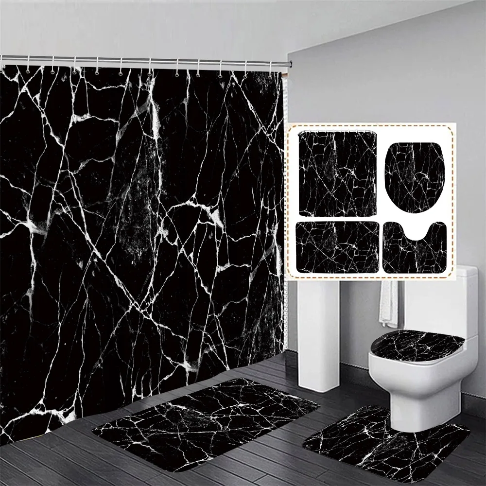 Black-White-Marble-Shower-Curtain-Set-Abstract-Art-Textured-Pattern-Modern-Bathroom-Decor-Non ...