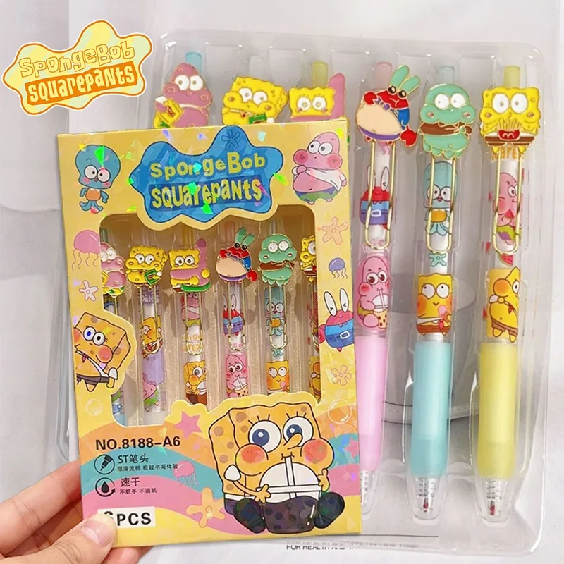 6pcs SpongeBob Gel Pens Quick Drying Cartoon Black 0.5mm Press ...