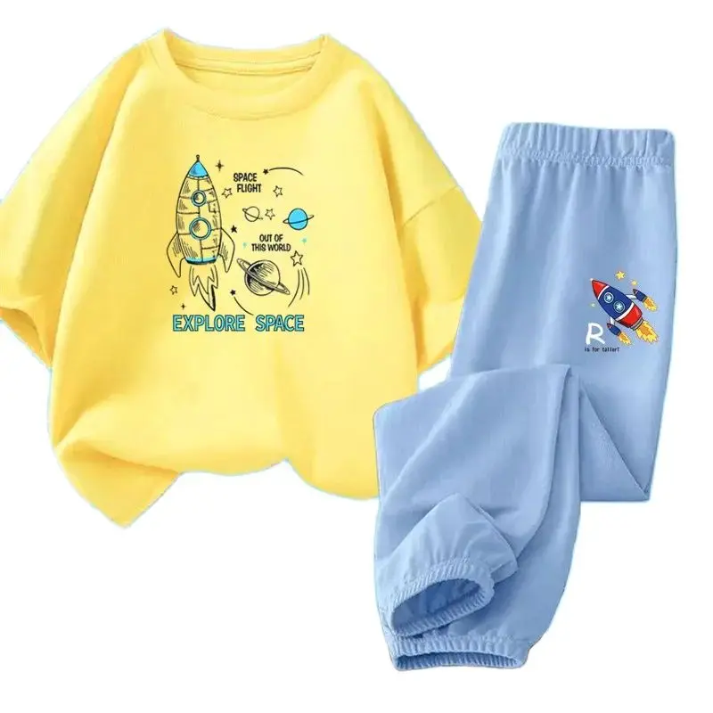 Boys 2025 Summer Children Clothing Set Rocket Space Cotton T-shirt with ...