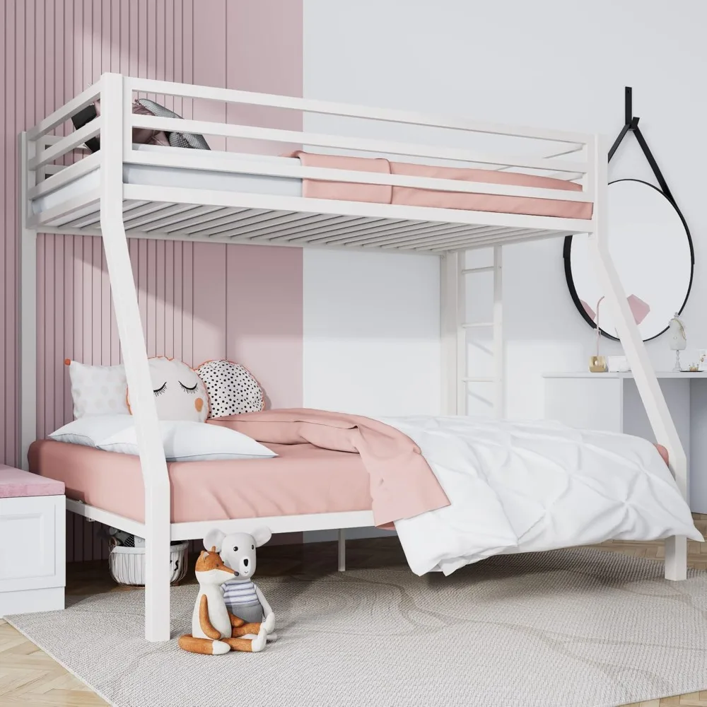 Twin Over Full Loft Bed with Ladder and Safety Rail, Sturdy Metal Slat ...
