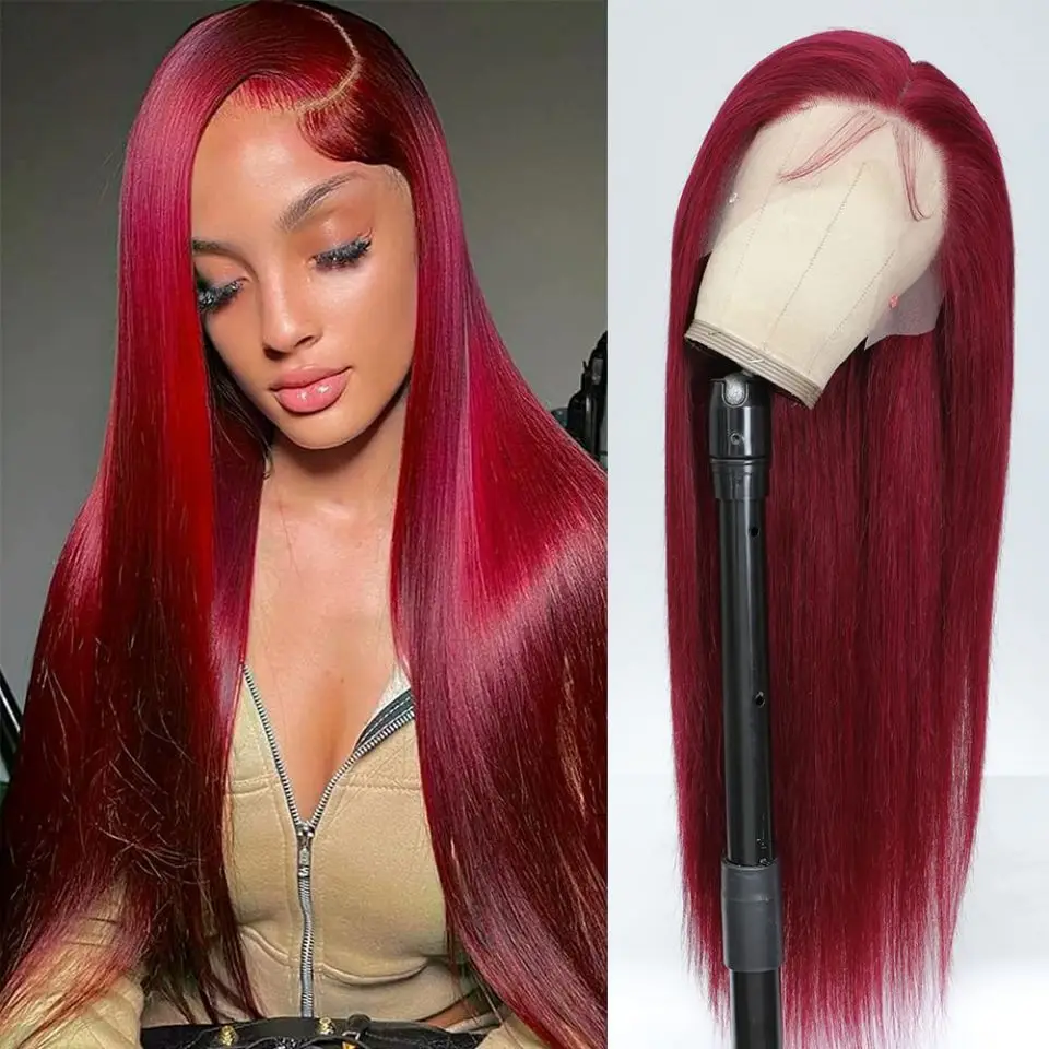 SVT-99J-Burgundy-Red-Colored-Bone-Straight-Lace-Front-Human-Hair-Wigs ...