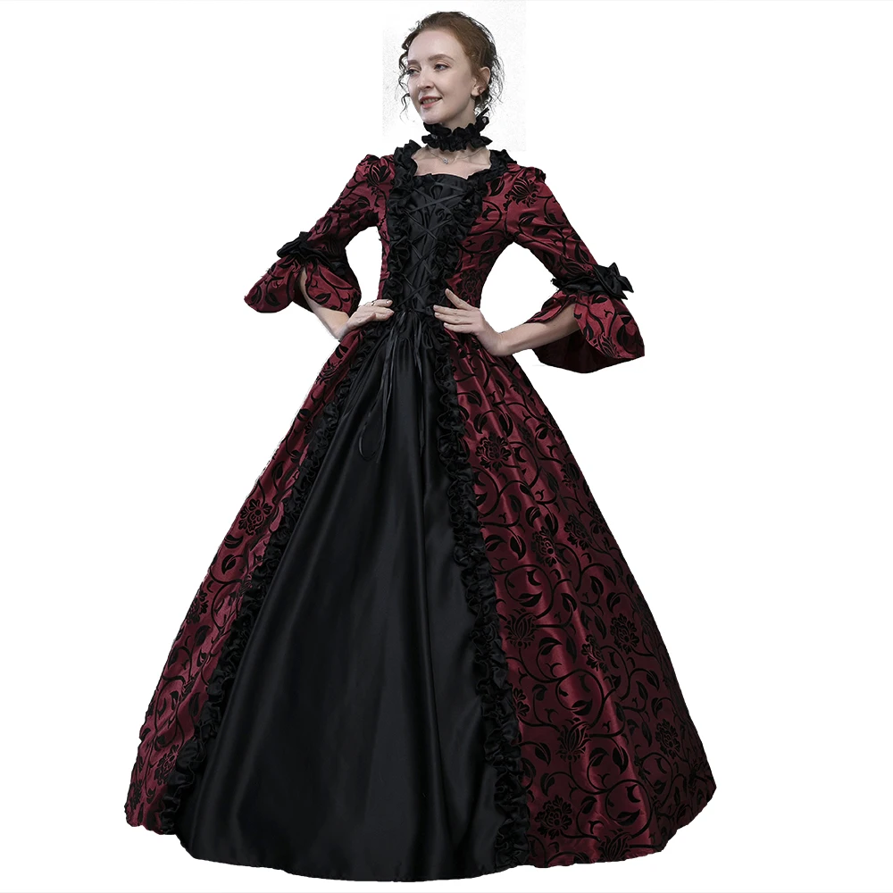 Renaissance-Women-s-Gothic-Victorian-Dress-Wine-Red-Brocade-Lace ...