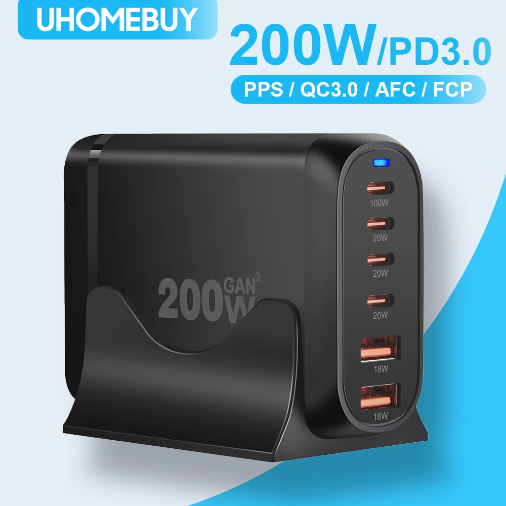 UHOMEBUY-200W-GaN-Desktop-Charger-6-port-USB-Type-C-PD-100W-Charger ...