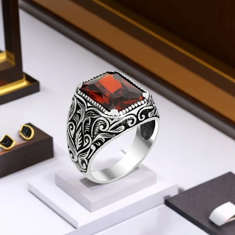 Vintage-Style-Red-Color-Crystal-Titanium-Stainless-Steel-Man-Ring ...