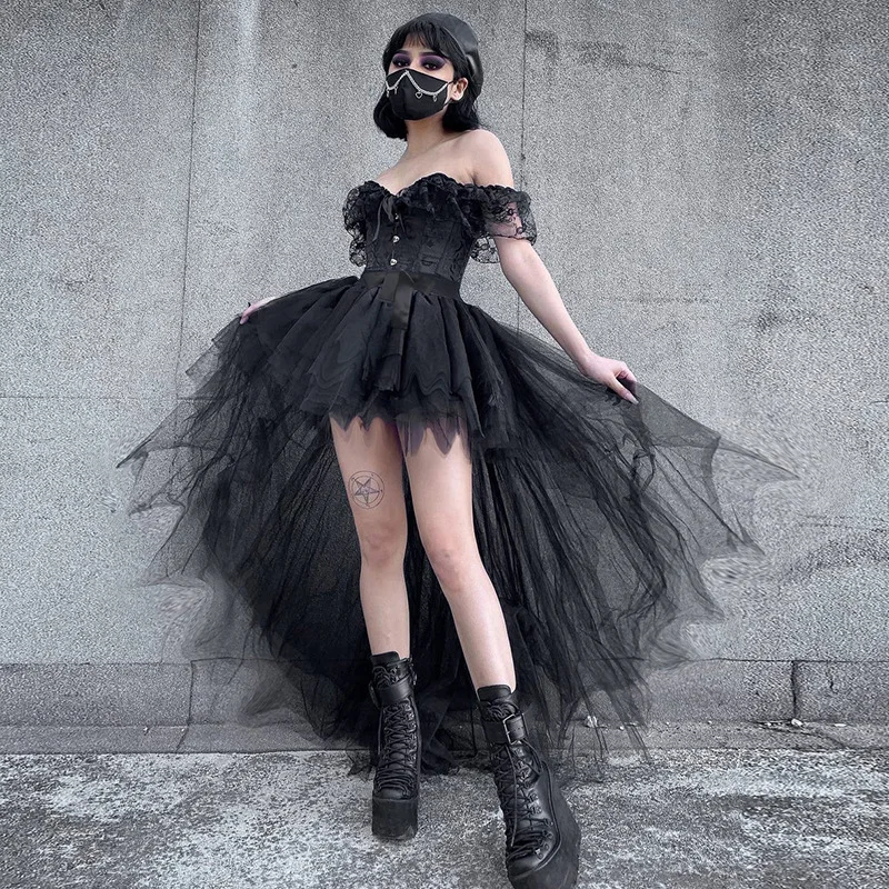 Womens Lace Overlay Long Tulle Skirt Goth Fairycore Grunge Mesh Layered Puff Night Out Party ...