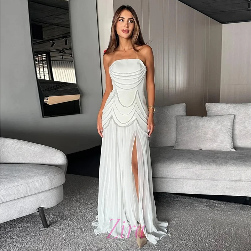 Customized White Pearls Side Slit robes de soirée Strapless Backless ...