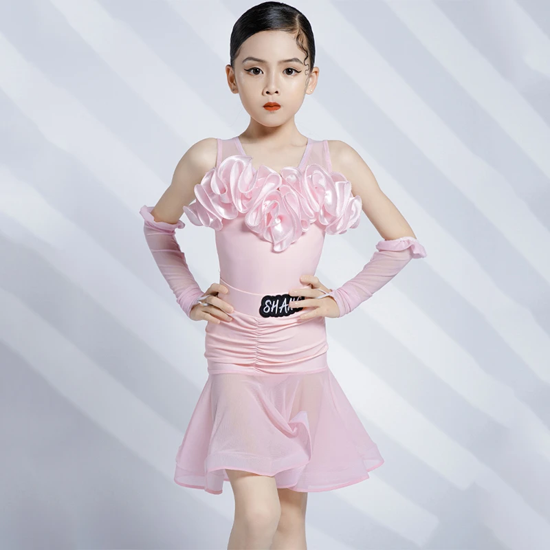 Girls Princess Dress Latin Dance Performance Costume Pink Ruffled Tops ...