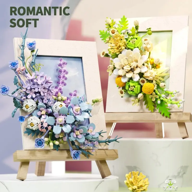 Bouquet-Photo-Frame-Building-Blocks-Wooden-Easel-Flower-Model-Bricks ...