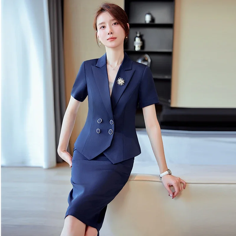 Spring-Fall-Fashion-Blue-Blazer-Women-Skirt-Suits-Jacket-Ladies-Work ...