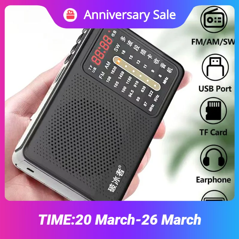 Radio multibanda portátil, receptor Mini FM/AM/SW de alta sensibilidad, reproductor MP3 TF/USB ...