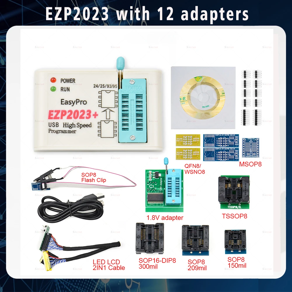 100-Original-EZP2023-USB-SPI-Programmer-12-adpters-Support-24-25-93-95 ...