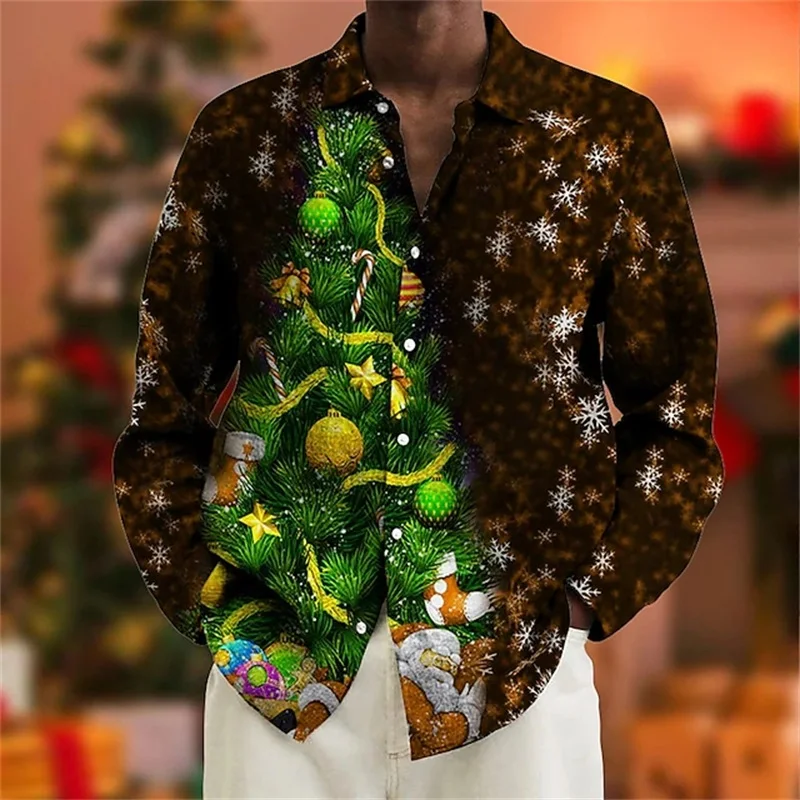 All Over Print Christmas Tree Snowflake Graphic Casual Button Up Shirts ...