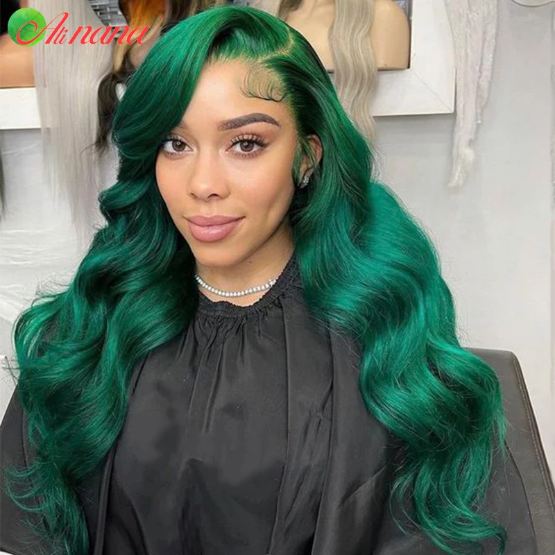 Green Colored Human Hair Wigs 13x4 13x6 Lace Frontal Wigs Dark Green ...