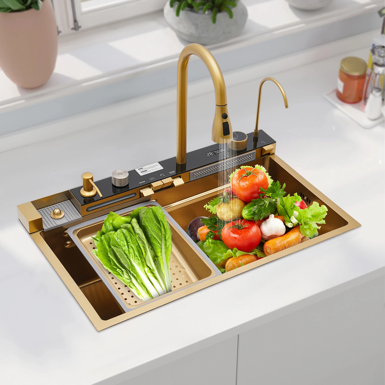 Gold Multifunctional Kitchen Sink, Deluxe Smart Waterfall Bar Sink with ...